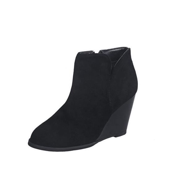 Bottines en cuir compensées à bout rond vintage pour femmes - Noir ...