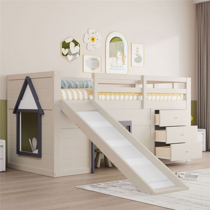 Lit Mezzanine Bas Enfant 90x200 avec Toboggan, Lit Enfant 1 Place avec ...