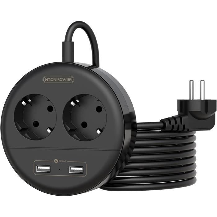 Ronde Multiprise Electrique 2 Prises avec 2 USB Ports, 5m Long Cable ...
