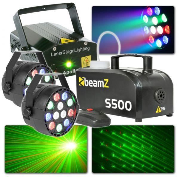 Kit d'éclairage BeamZ avec laser, spots PAR et machine à fumée 500W ...