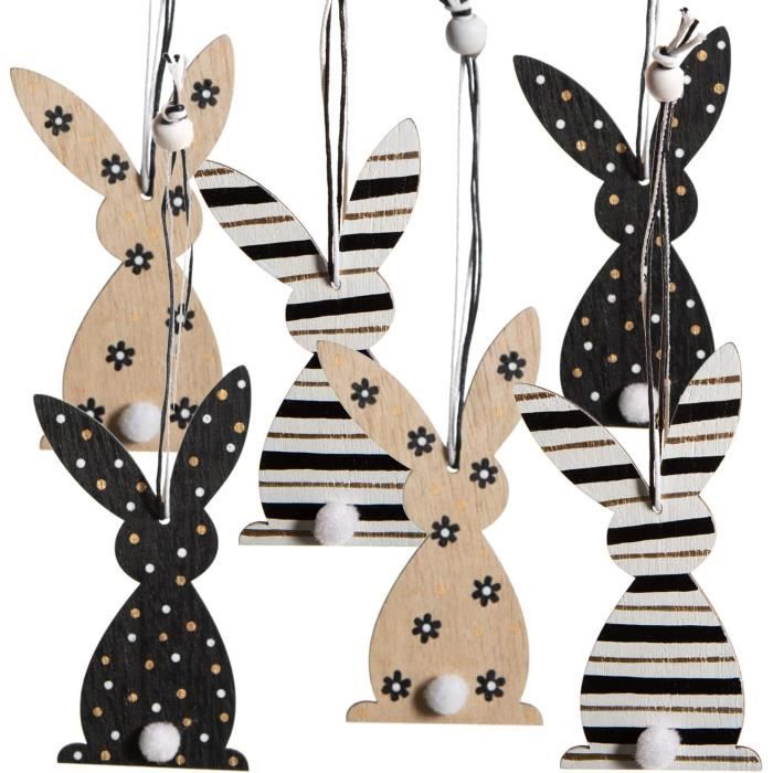 Lot De 6 Lapins De Pâques En Bois Noir Et Blanc Naturel – Pendentif De ...