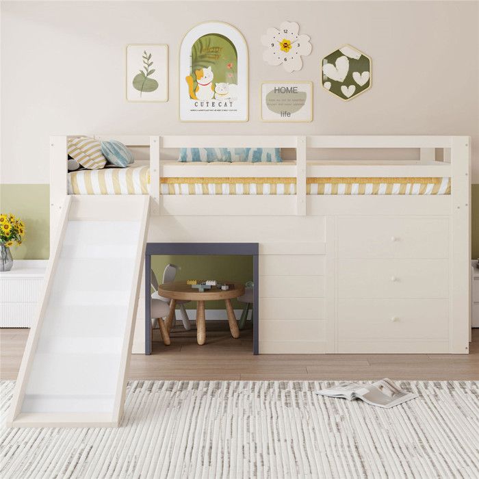 Lit Mezzanine Bas Enfant 90x200 avec Toboggan, Lit Enfant 1 Place avec ...