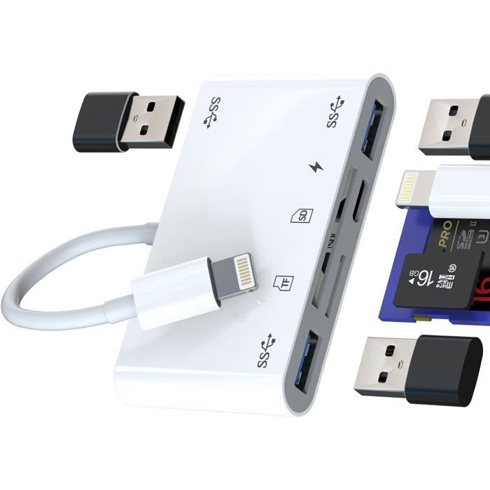 Lightning Vers Usb Otg Tf Lecteur De Carte Sd Chargeur Dongle (6 En 1) Pour Apple Iphone Câble ...