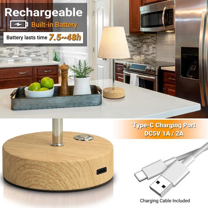 Lampe de Table Sans Fil LED Rechargeable Abat-jour Tissu Noir Tactile ...