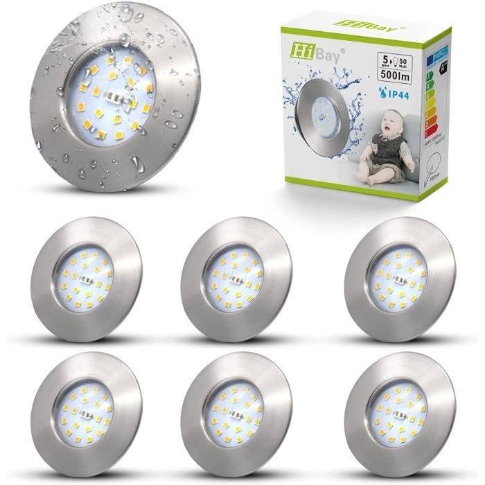 Lot de 6 spots LED encastrables IP44 pour salle de bain 5 W Blanc chaud 500 lm Ultra fin 30 mm ...