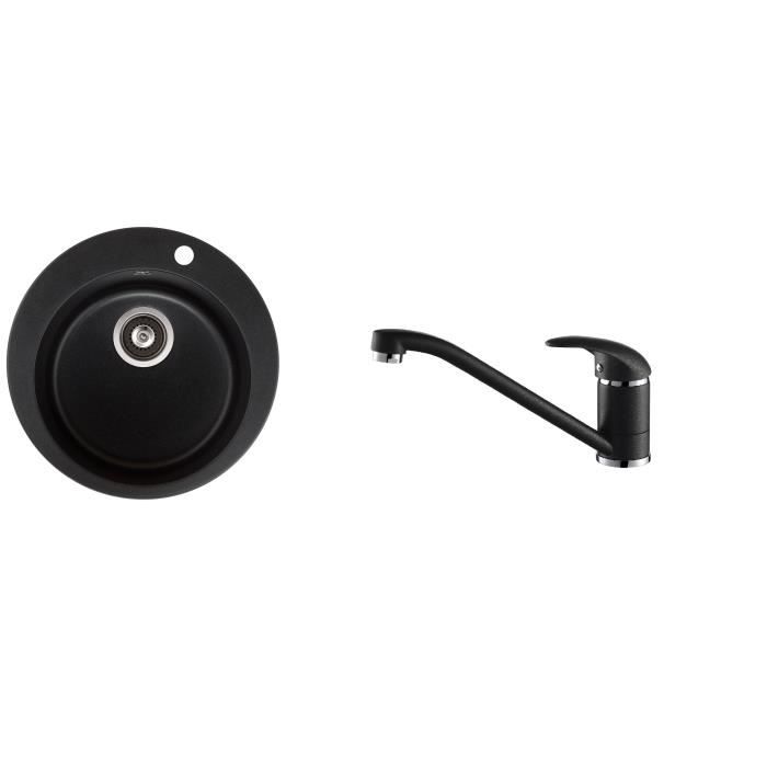 Evier rond en granit noir avec mitigeur - A encastrer - 1 bac - Vidage ...