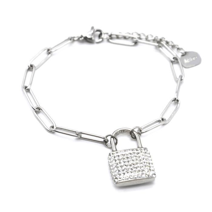 BC4330 - Bracelet Chaîne Maillons avec Cadenas Strass et Acier Argenté ...