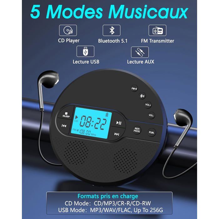 Lecteur Cd Bluetooth 2025 Portable, Lecteur Cd Discman Avec 2000 Mah ...