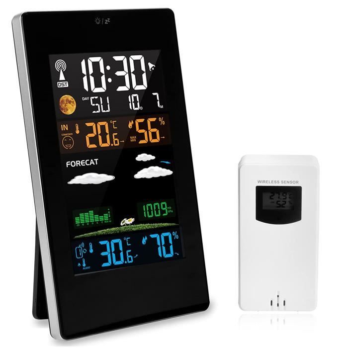Station météo sans fil avec capteur extérieur, affichage numérique multifonction couleur radio ...