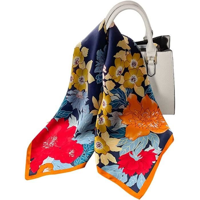 Femmes Grand Foulard Satin Imprimé Fleurs Multicouleurs Carré Foulard ...