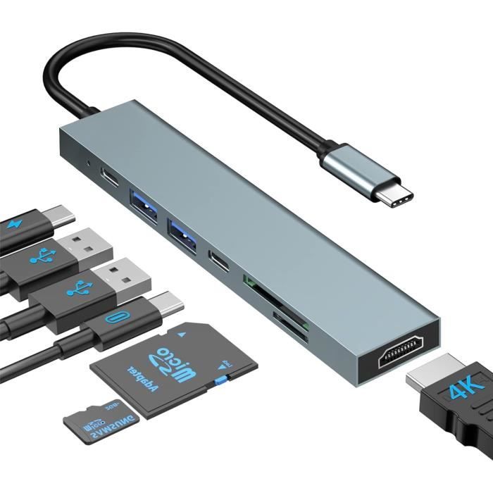 Hub Usb C, Adaptateur Multiport Usb C 7 En 1 Avec Usb-C Vers Hdmi 4K, Lecteur De Carte Sd-Tf-1 ...