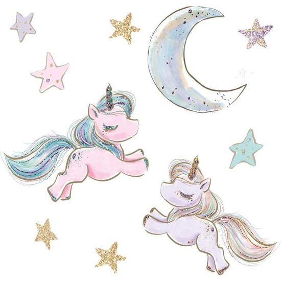 Little Deco Dl539-06 Sticker Mural, Motifs : 2 Licornes, Lune Et ...