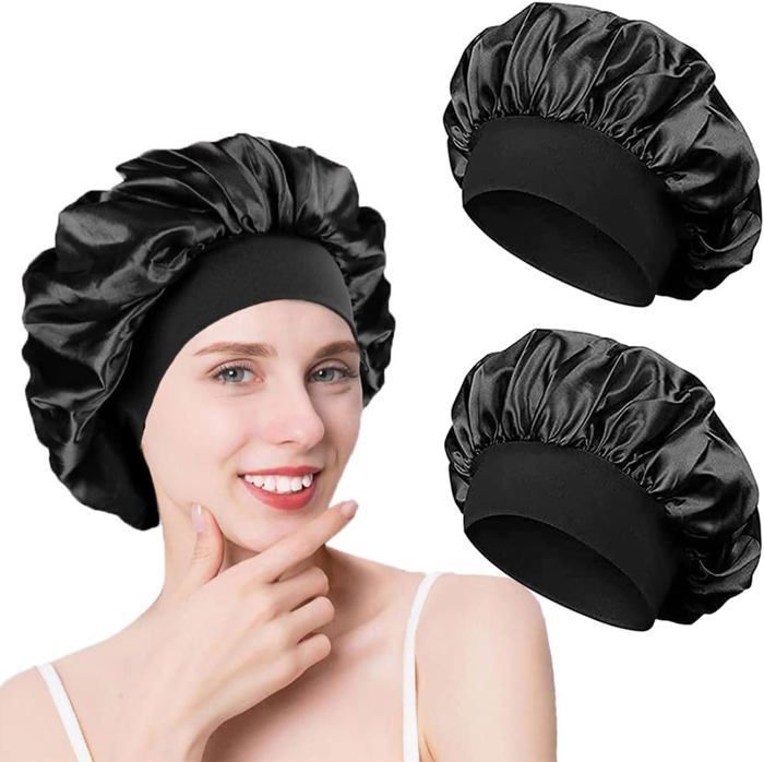 Bonnet de Soie Satin - 2 Pièces - Noir - Pour Femmes - Cheveux Nuit ...