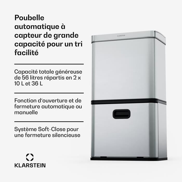 Klarstein Touchless Sensor Poubelle de cuisine 56 L inox Fermeture ...