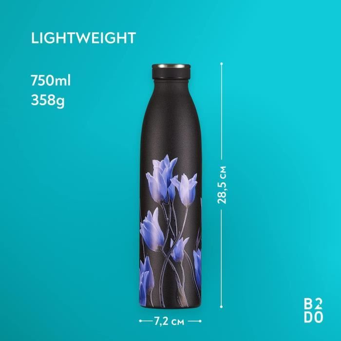 Bouteille D'Eau Isotherme 750Ml Noir Fleur De Lune | Gourde Métallique Réutilisable En Acier ...