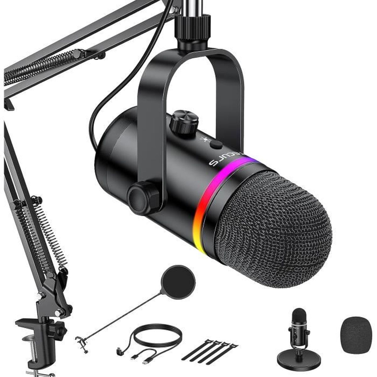 Micro Gaming Kit TECURS,Microphone Condensateur RGB avec Bras et ...