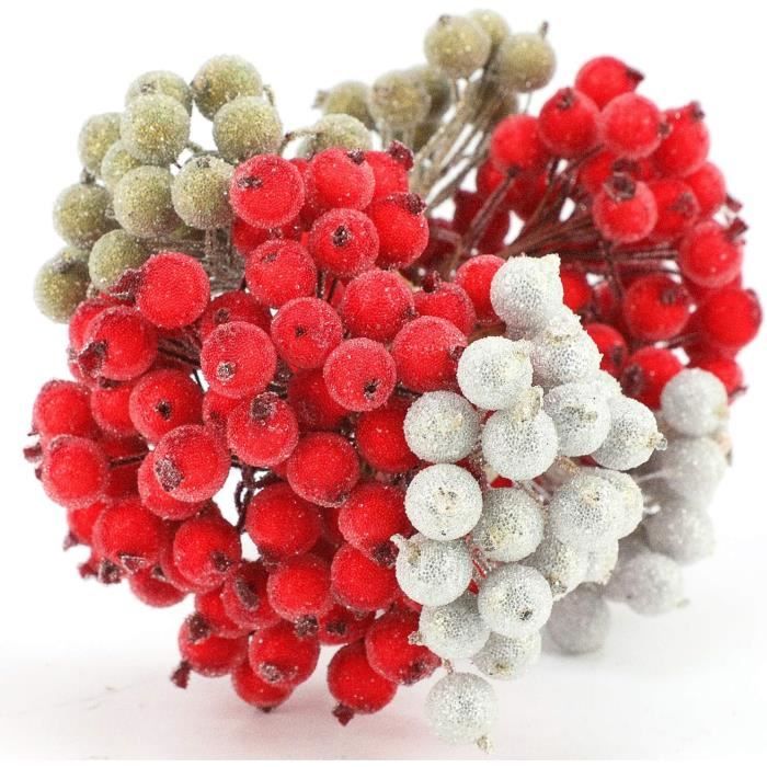 6 Pack 240Pcs Mini Baie Fruit De Noël Givré Houx Fleur Artificielle Décoration 12 Mm, Rouge, Or ...