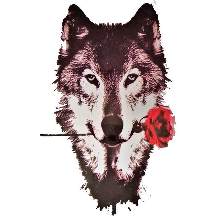 Grand Tatouages Éphémères Chien Loup Et Rose. Tatoo Temporaire N&B ...