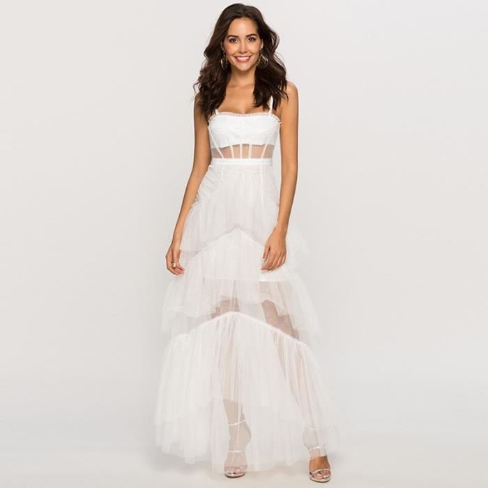 Été fronde longue robe en dentelle femmes coutures creuses Sexy robe à ...