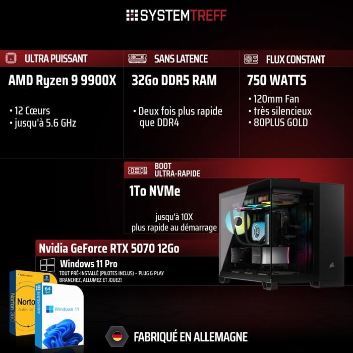 PC Gamer - AMD Ryzen 9 9900X - Nvidia GeForce RTX 5070 12 Go - 32Go RAM ...