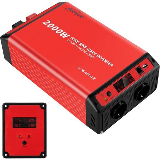 Hoenjuno 2000W Convertisseur Pur Sinus Onduleur 12V 220V 230V Transformateur Avec Télécommande ...