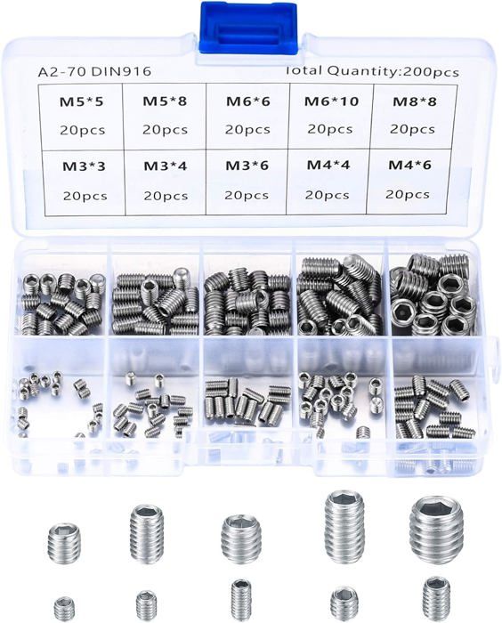200 Pièces Vis Sans Tête en Acier Inox, M3 M4 M5 M6 M8 Vis à Métaux, Assortiment Kit de ...