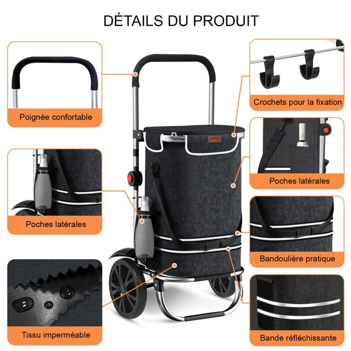 Chariot de Courses à Roulettes 56 L - 2 en 1 Diable Caddie à 2 Roues ...
