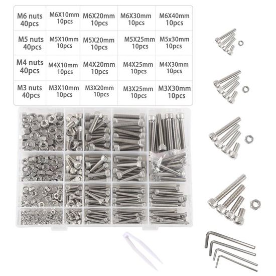 Jeu D'écrous et de Boulons M3 M4 M5 M6 304 Vis Cylindriques en Acier Inoxydable Vis en Hex ...