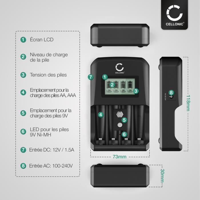 CELLONIC® Chargeur de Piles AA AAA 9V avec 4 Slots Chargeur AAA AA avec ...