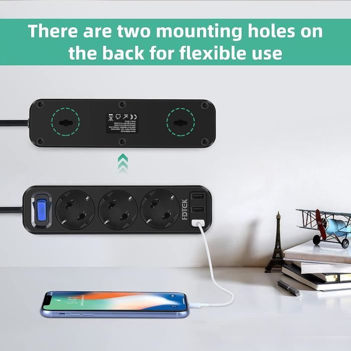 Multiprise murale, multiprise parafoudre avec 3 prises et 3 ports USB ...