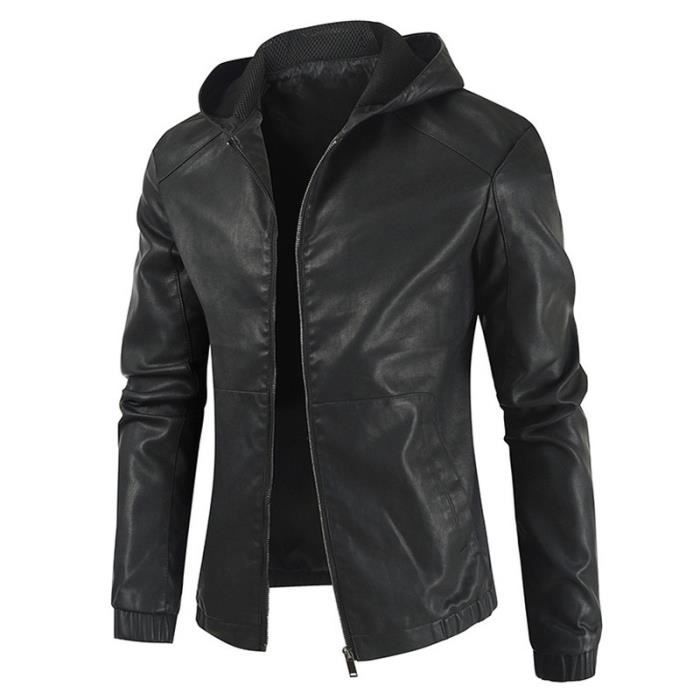 Veste Homme en Cuir à Capuche Mi-saison Casual Slim Fit Uni Veste en ...