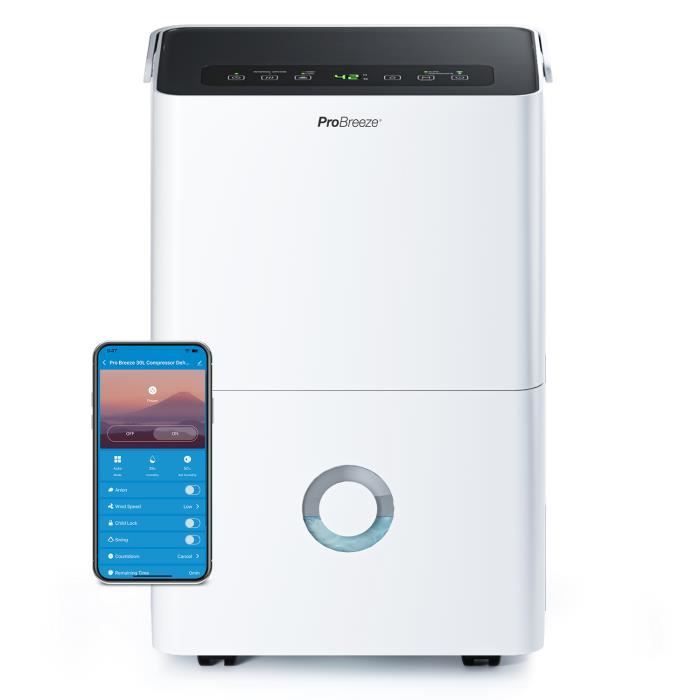 Pro Breeze Déshumidificateur Compresseur Connecté 30L/jour avec Application Smartphone, Drainage ...
