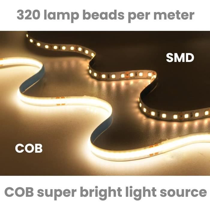 Ruban Led Cob 12v 3m Blanc Chaud 3000k Bande Led Cob Avec Gradateur Et