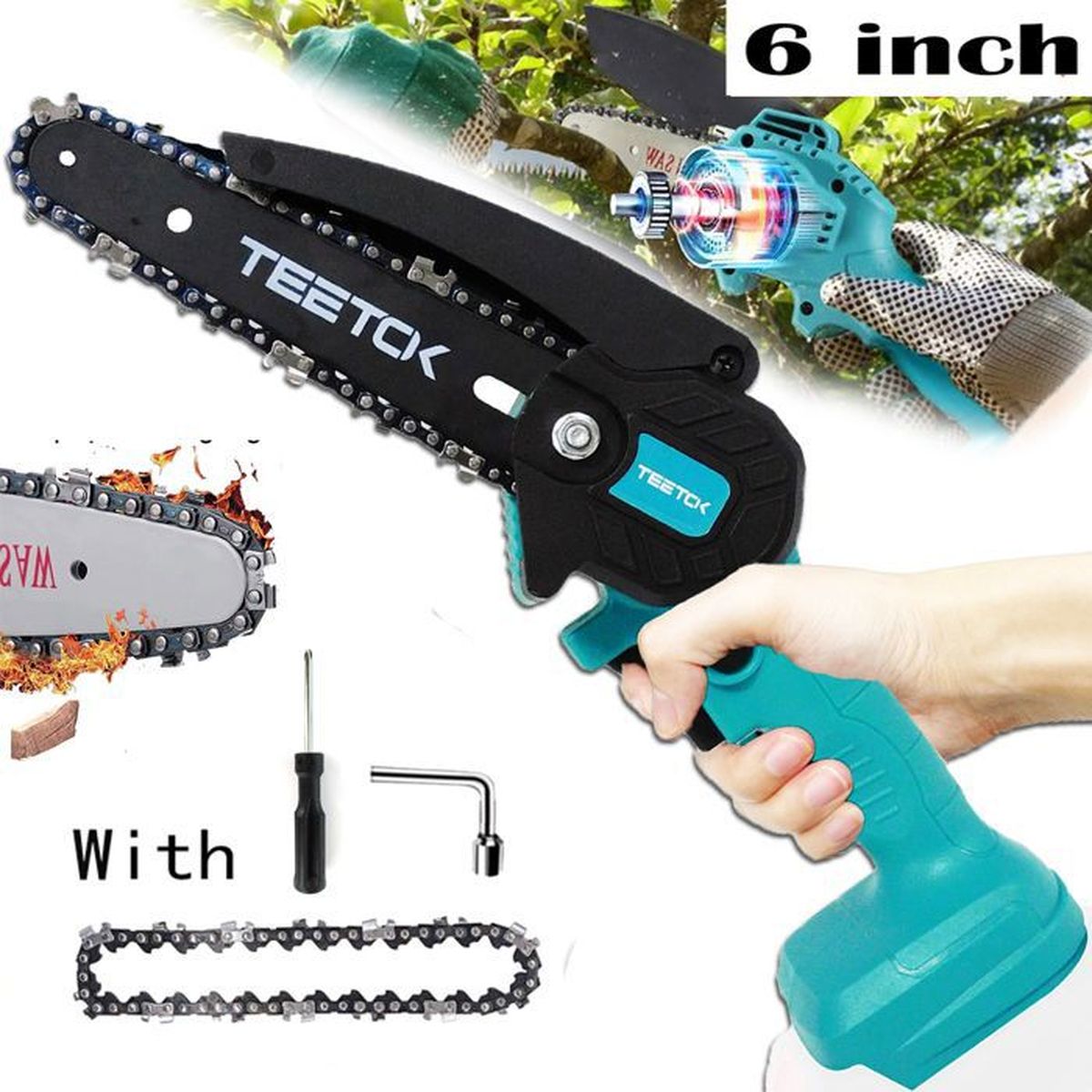 MAWIRON mini 6 Inch Tronçonneuse Scie À Chaîne Électrique sans Fil ...