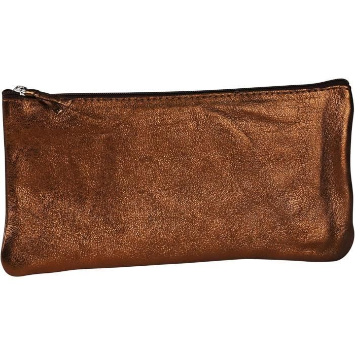 Trousse Scolaire Plate Brun Effet Irisé 22X11 Cm En Véritable Cuir D ...