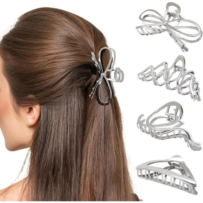 Lot de 4 Grandes Pinces à Cheveux, Argent Pince à Cheveux pour Femmes ...