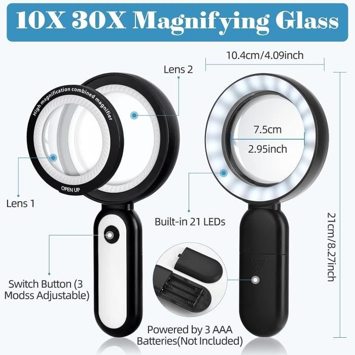 MOJINO Loupe de Lecture, X30 X10 Loupe Eclairante avec 3 Niveaux De ...