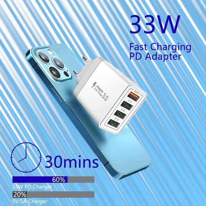 Chargeur Usb,Alimentation Usb 33W Fast Charge 3.0,Chargeur Secteur Usb, Chargeur Usb 4 Ports ...