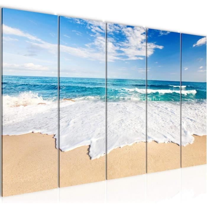 Tableau Mural Xxl Plage Mer 200 X 80 Cm Beige Bleu 5 Parties - 607355C ...