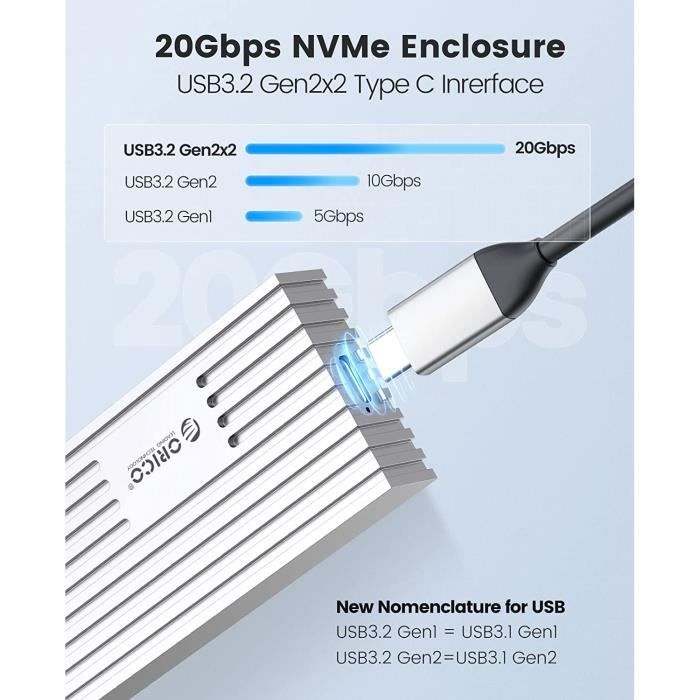 Boîtier SSD M.2 NVMe 20Gbps USB3.2 Gen2x2 Adaptateur PCIe USB-C pour NVMe M-Key SSD 2230-2242 ...