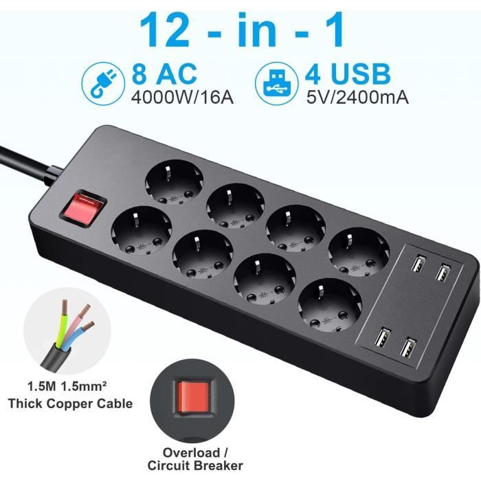 Multiprise Electrique USB 8 Prises,Prise Multiple avec Interrupteur ...