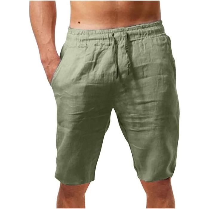2023 Short en Coton et Lin pour Homme d'été Décontracté avec Poches à ...