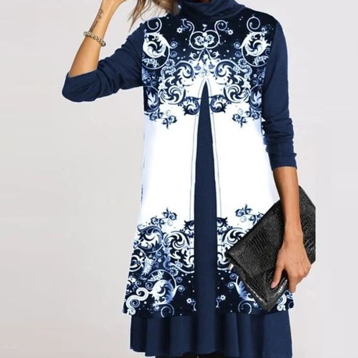 Robe Vintage imprimée à col roulé pour femme - Type 09 Blue Blanc ...