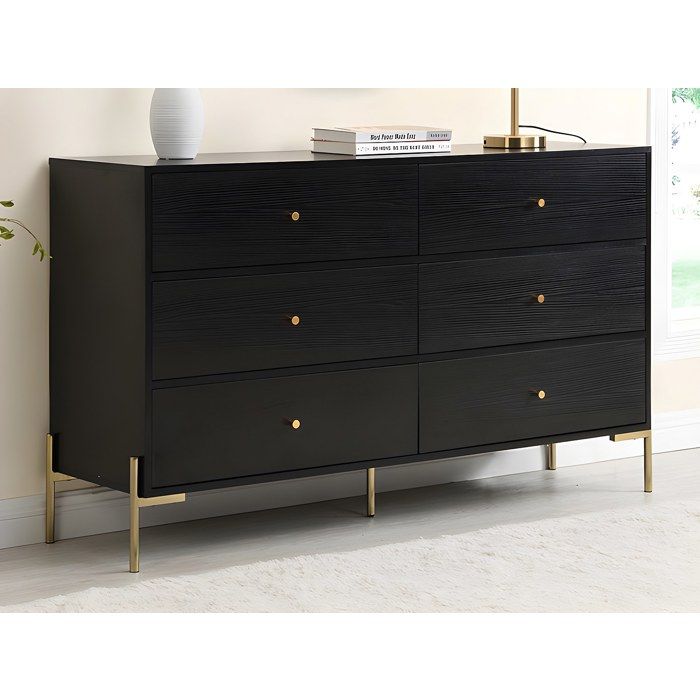 Commode 6 tiroirs - MDF et métal - Noir et doré - MILAVIA de Pascal ...
