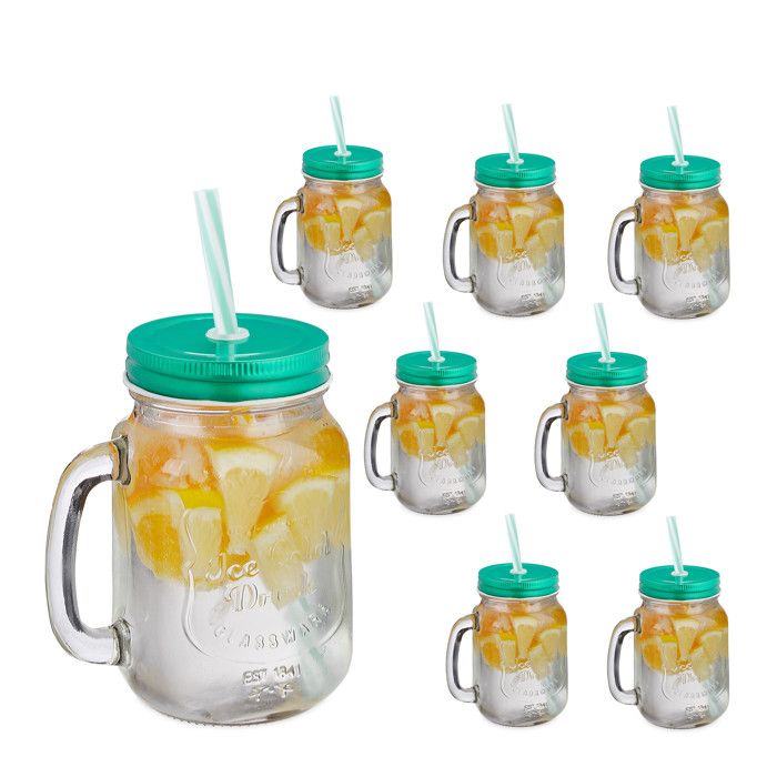 Relaxdays verre à cocktails avec couvercle et paille incluse, Lot de 8 ...