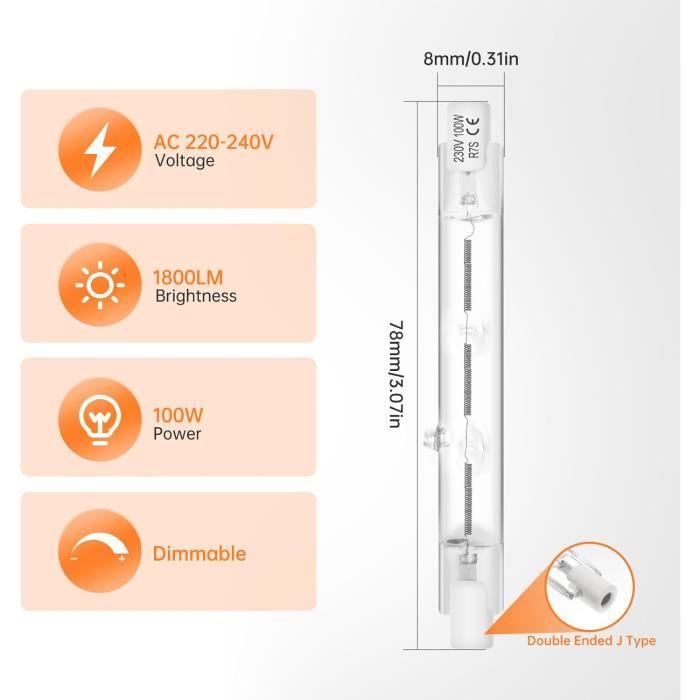 Ampoule Halogène R7S 78mm, Dimmable Ampoule R7S 78mm 100W 1800LM, Blanc ...