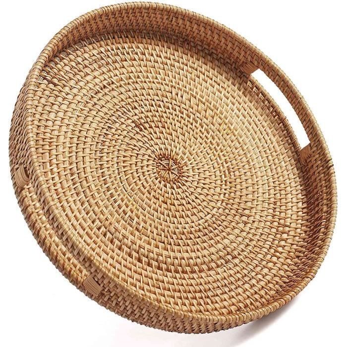 Plateau de Service Rond en Rotin Plateaux Ottomans DéCoratifs TisséS avec PoignéEs pour Table ...