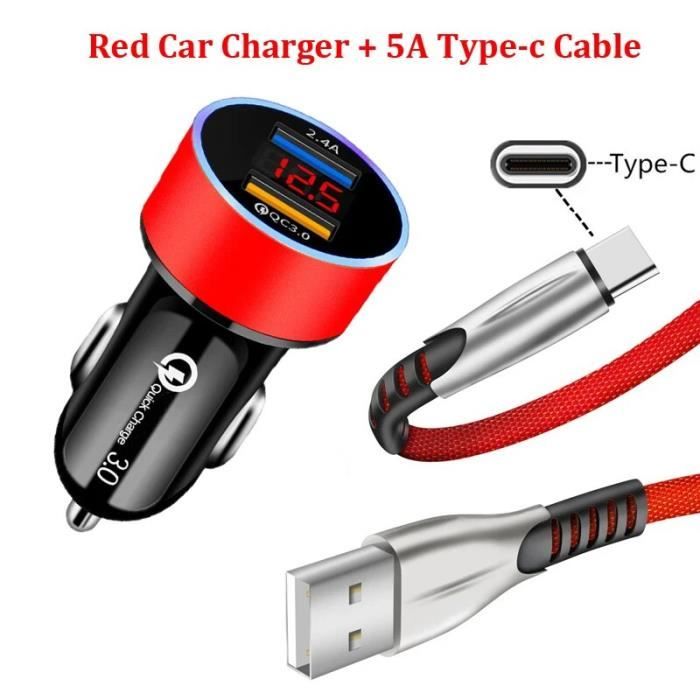 Chargeur de voiture double USB QC 3.0 avec câble USB type-c,Charge ...