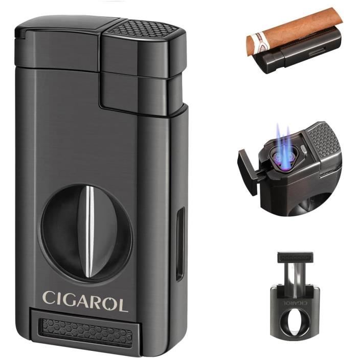 CIGAROL Briquet, Briquet Tempête ave Coupe-Cigare en V, 3 Jet Flamme ...