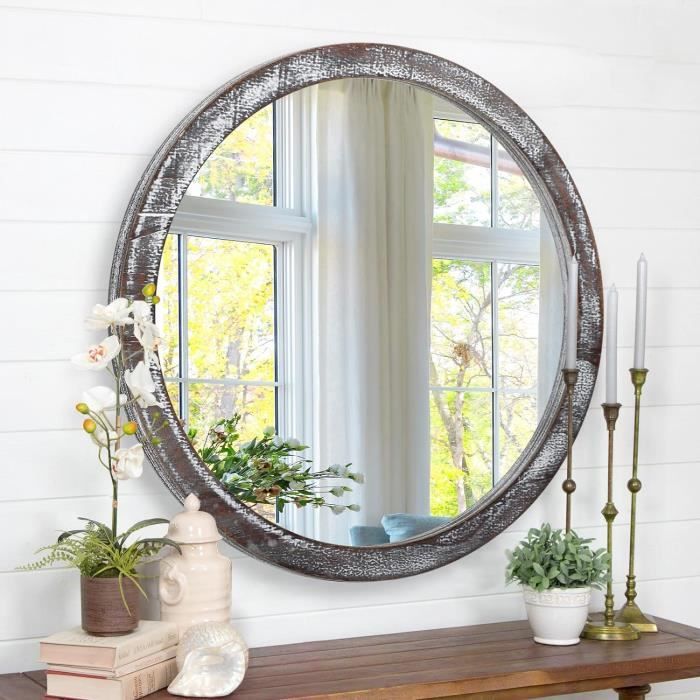 Miroir Mural Rond Rustique De 40 Cm - TRAHOO - Salle de Bain - Bois ...